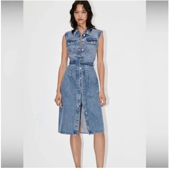 Zara | Dresses | Zara New Woman Ss23 Midblue Denim Midi Dress ...